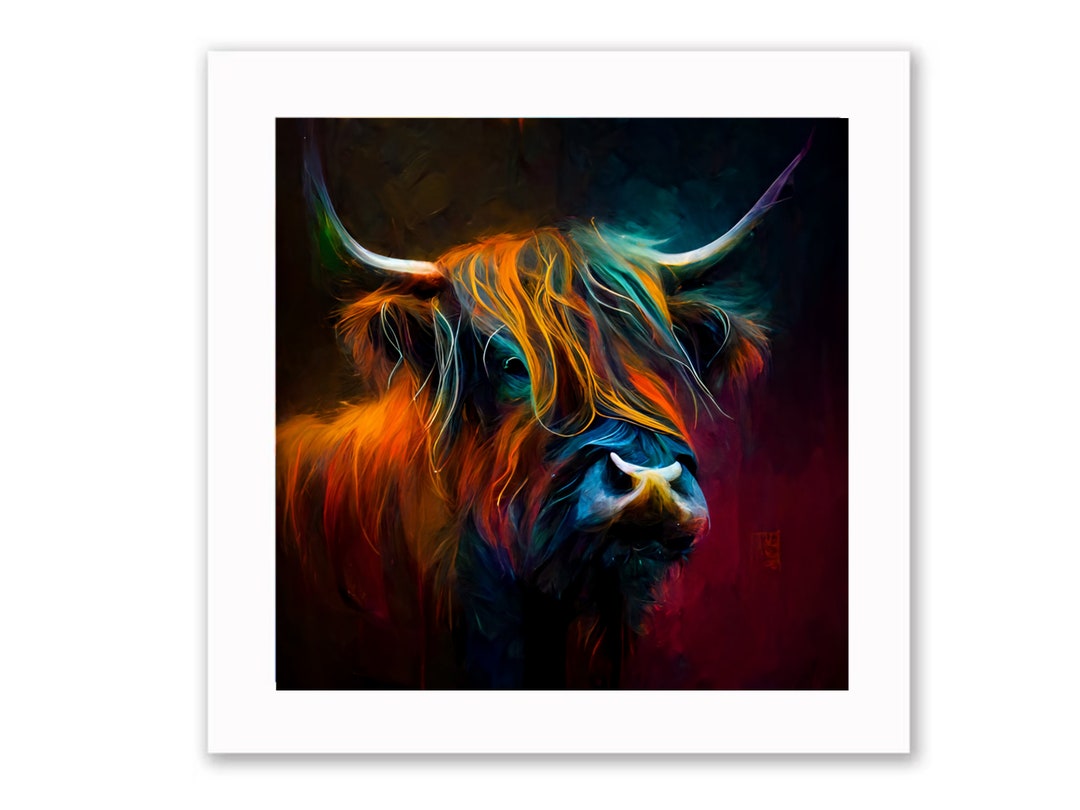 Highland Cow Colourful Print 10x10 Inches Framed (black or White Wood ...