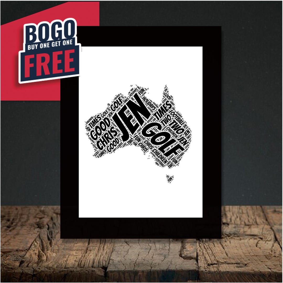 Personalised Australia Map Word Art - Custom A4 and A3 Framed Prints ...