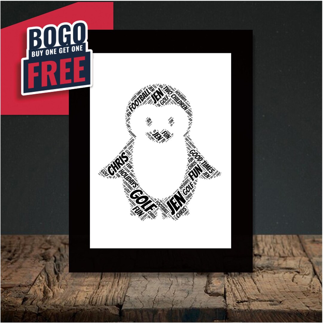 Personalised Pinguin Word Art - Unique A4 and A3 Framed Designs for a ...