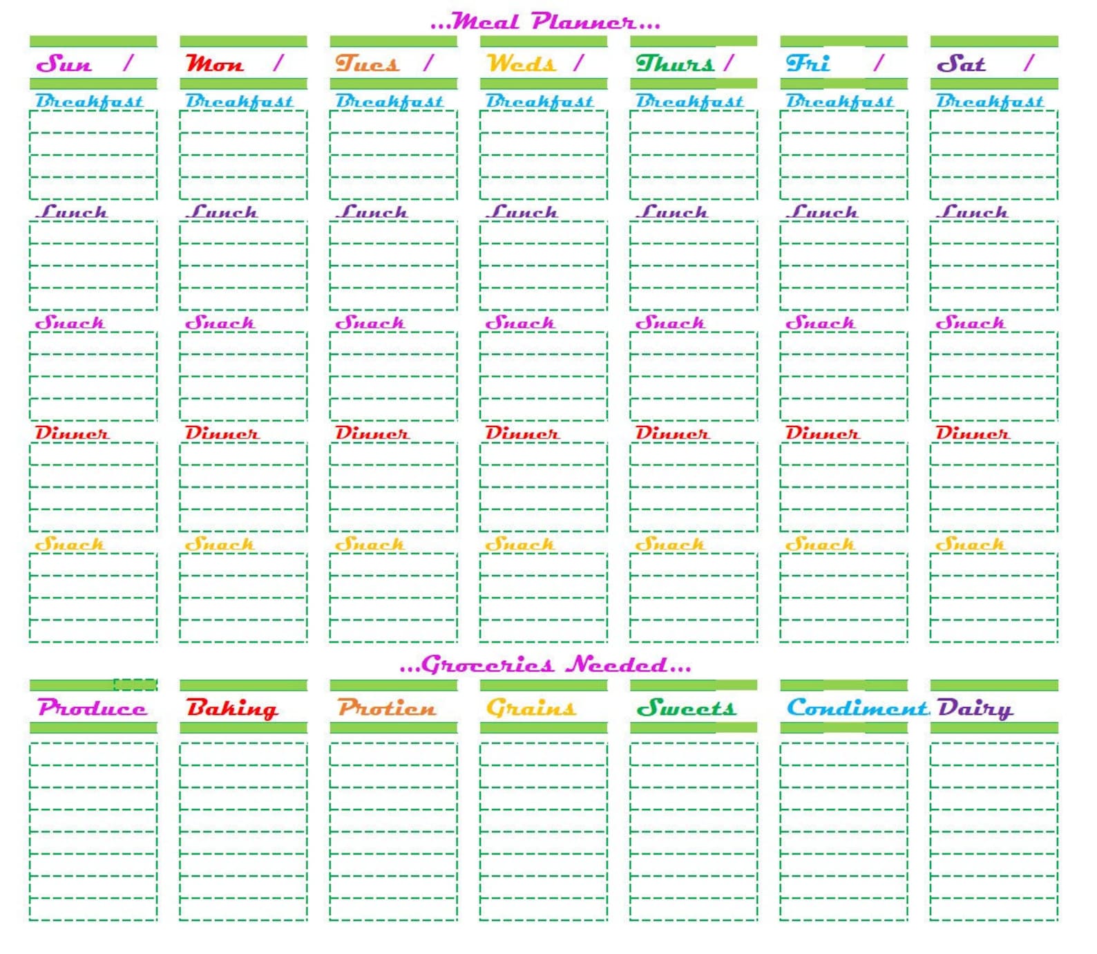 Weekly Calendar Meal Planner Schedule Green With Rainbow Springtime ...