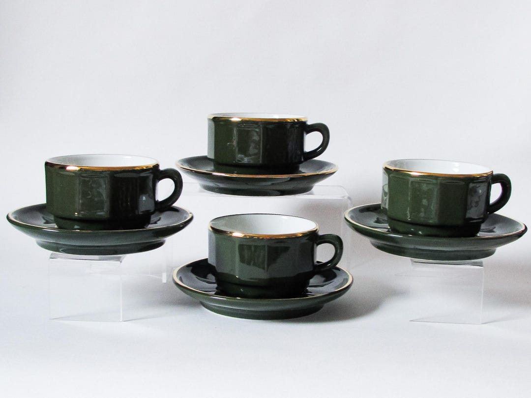 Apilco Green and Gold Cups and Saucers, Set of 4, Bistro Cafe Style ...