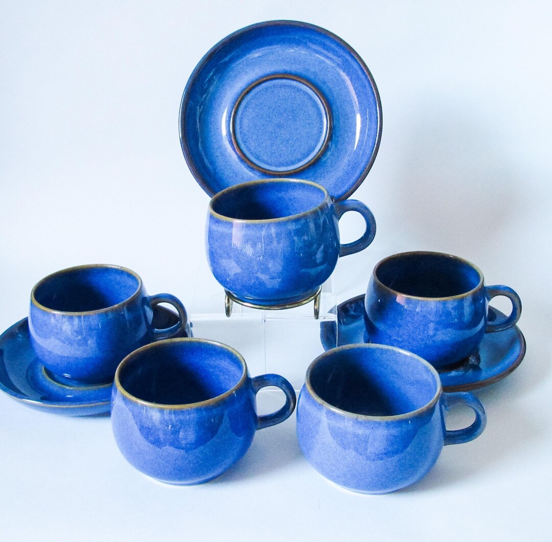 Denby Pottery Cups and Saucers, Set of 5 Cups and 3 Saucers, Made in ...