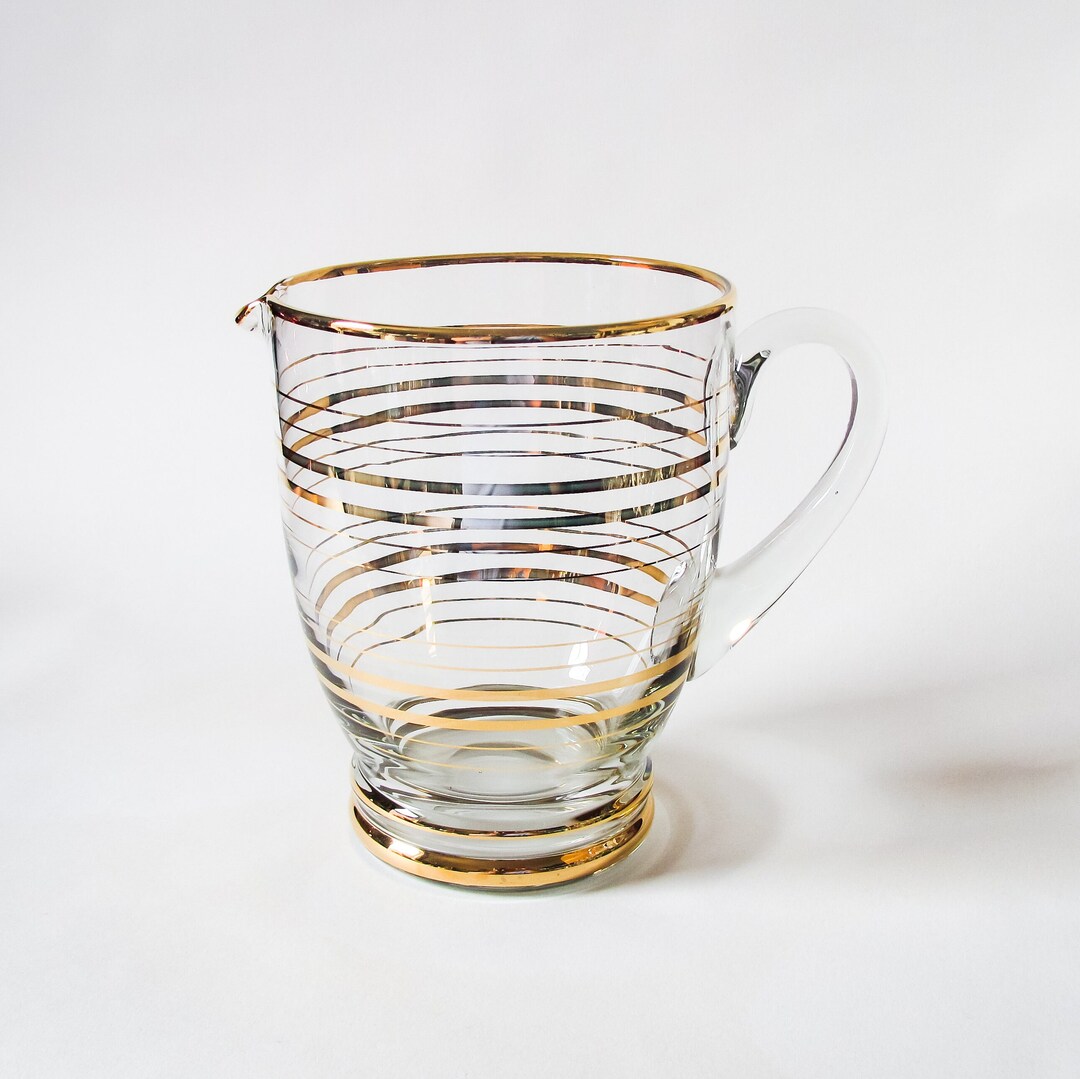 Glass Jug / Pitcher With Gold Rings and Rim, 2 Pint Capacity, Vintage ...