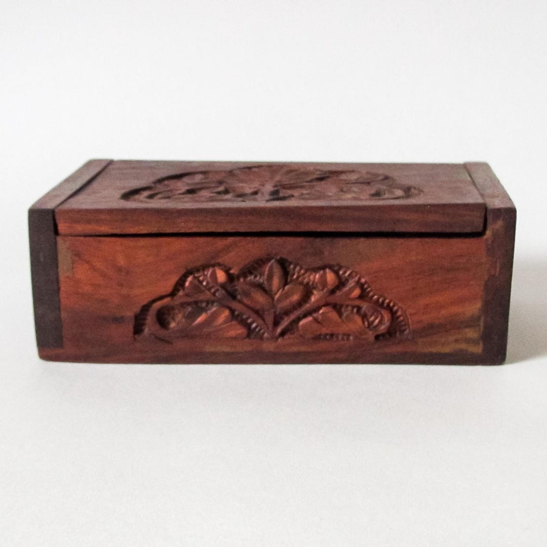 Wooden Jewellery Trinket Box, Indian Chip Carved, Floral Panels, Home ...