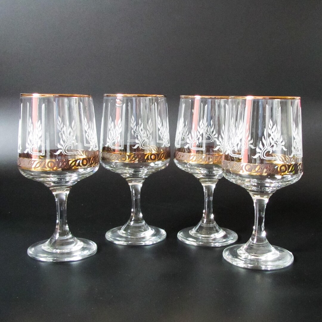 Set of 4 Wine Glasses, Dema Glass, Clear Glass, White and Gold ...