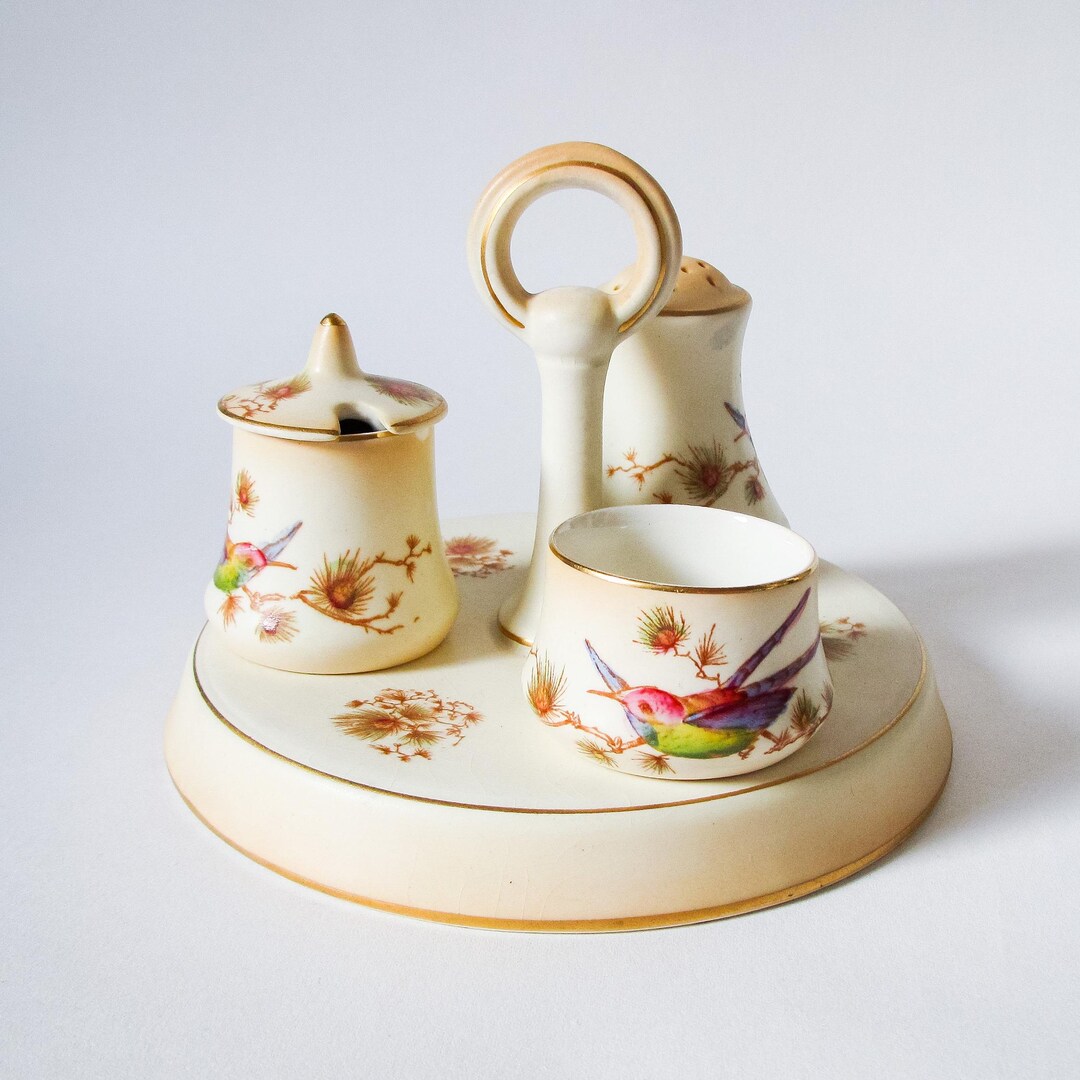 Crown Ducal Cruet Set & Stand, Exotic Bird Pattern, Blush Ware ...