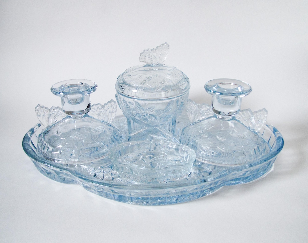 Vintage Blue Glass Dressing Table Set, Sowerby Glass, Butterfly ...