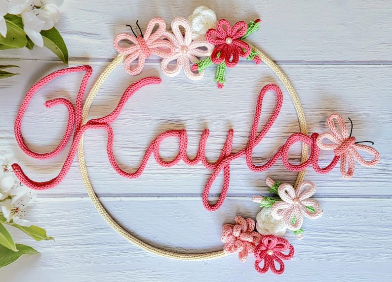 Personalized Baby Name Wreath: Crochet Flowers & Butterflies Nursery ...