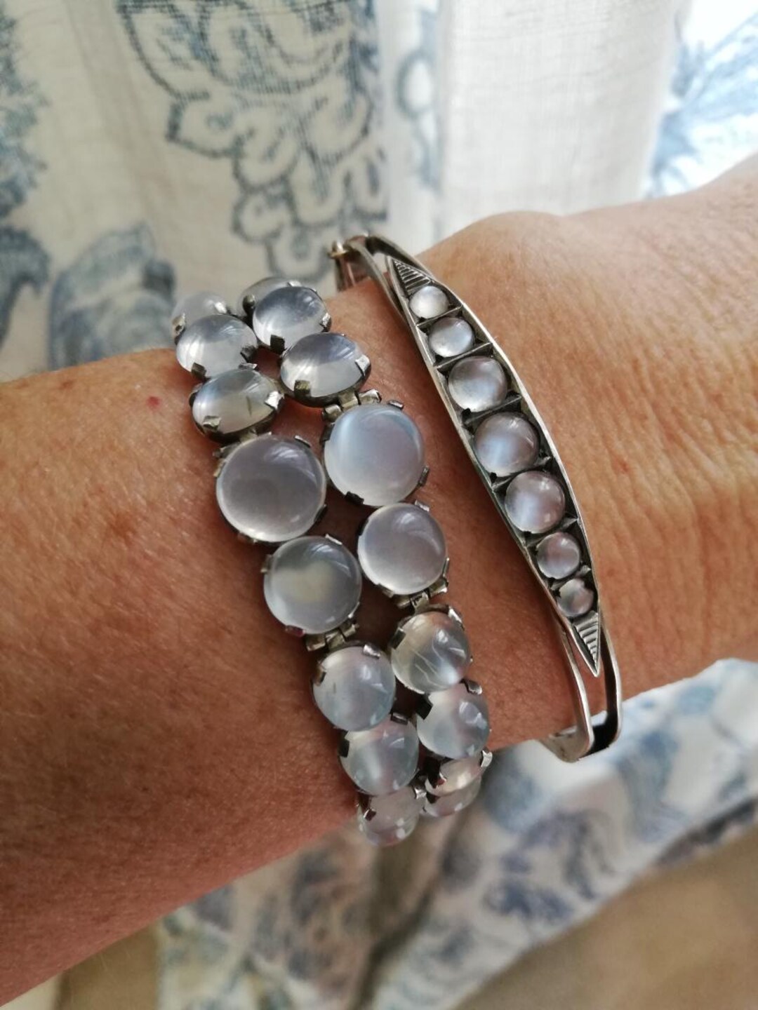 Antique Moonstones Bracelet in Graduated Double Row Design in Silver ...