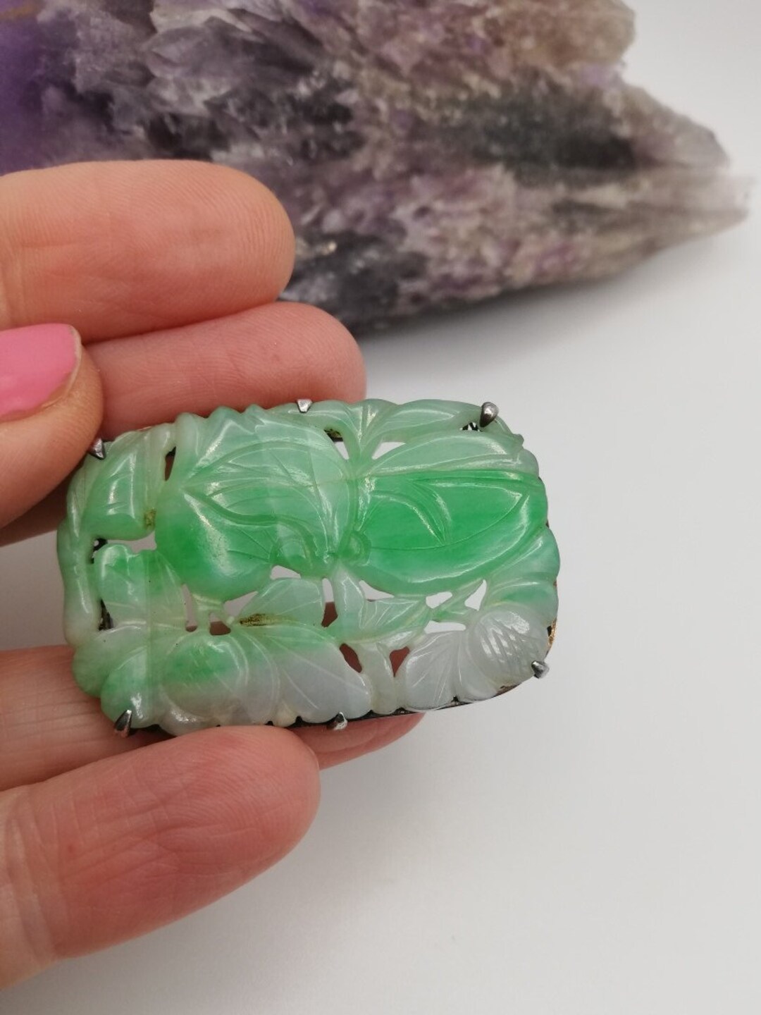 Carved Jadeite Jade Antique Rectangular Chinese Brooch in Silver With ...