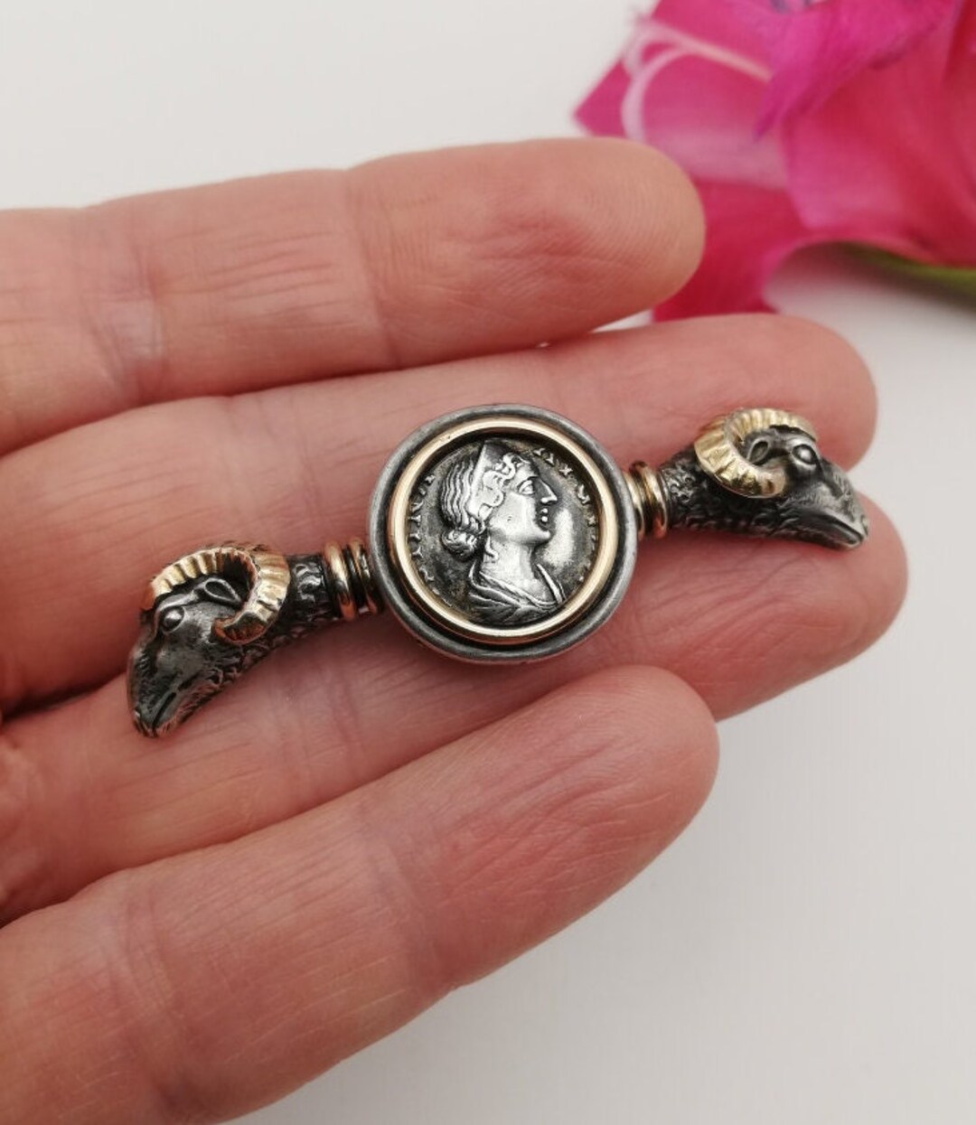 Antique Etruscan Revival Double Rams Head and Roman Coin Brooch in Gold ...
