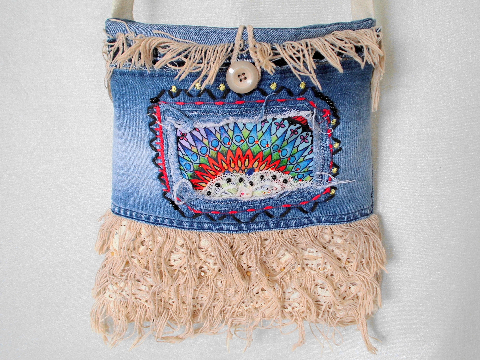 Bag With Long Handle in Beige and Blue / Boho Style - Etsy