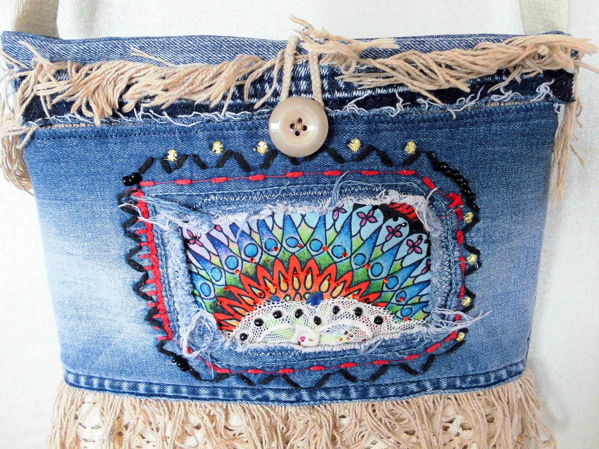 Bag With Long Handle in Beige and Blue / Boho Style - Etsy