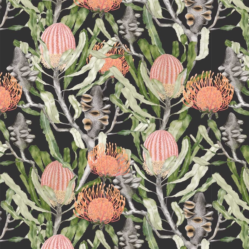 Australian Native Flora Wallpaper: Banksia Grevillea Botanical Wall ...