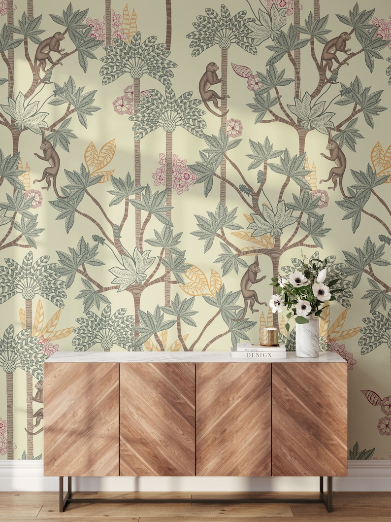 Vintage Monkey Jungle Wallpaper Mural: Tropical Palm Tree Forest ...