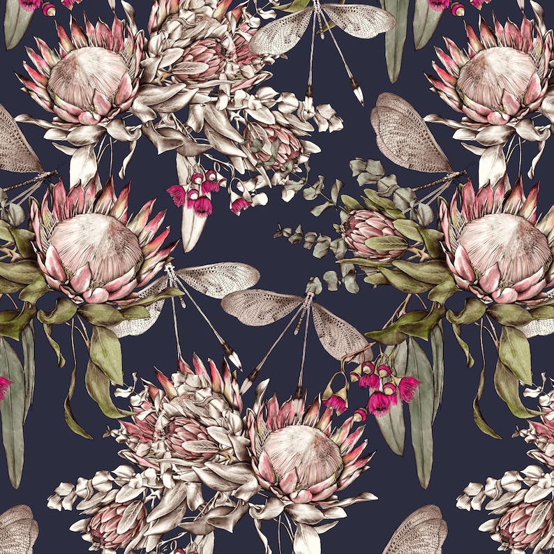 Protea Eucalyptus Wallpaper: Dark Blue Floral Dragonfly Mural - Paste ...