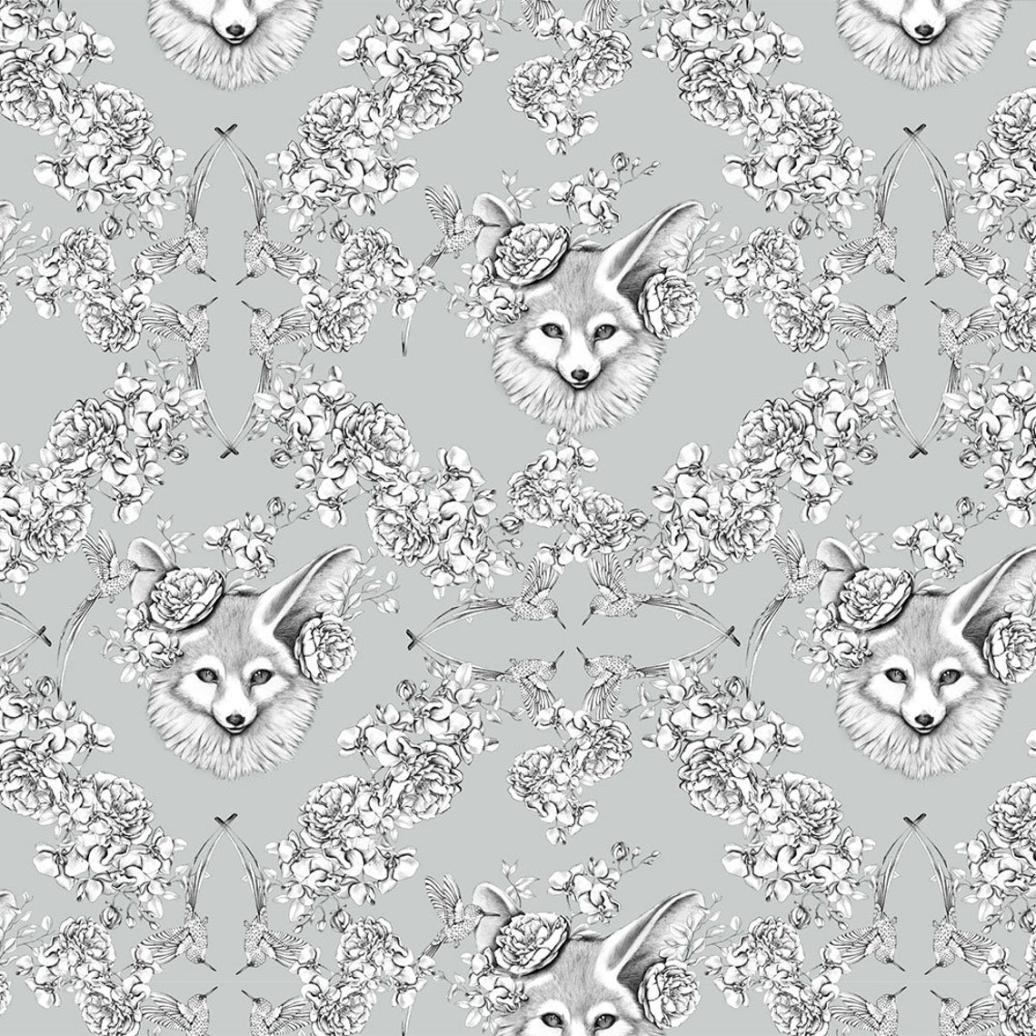 Grey Fennec Fox Floral Peony & Orchid Wallpaper Botanical Eco Printed ...
