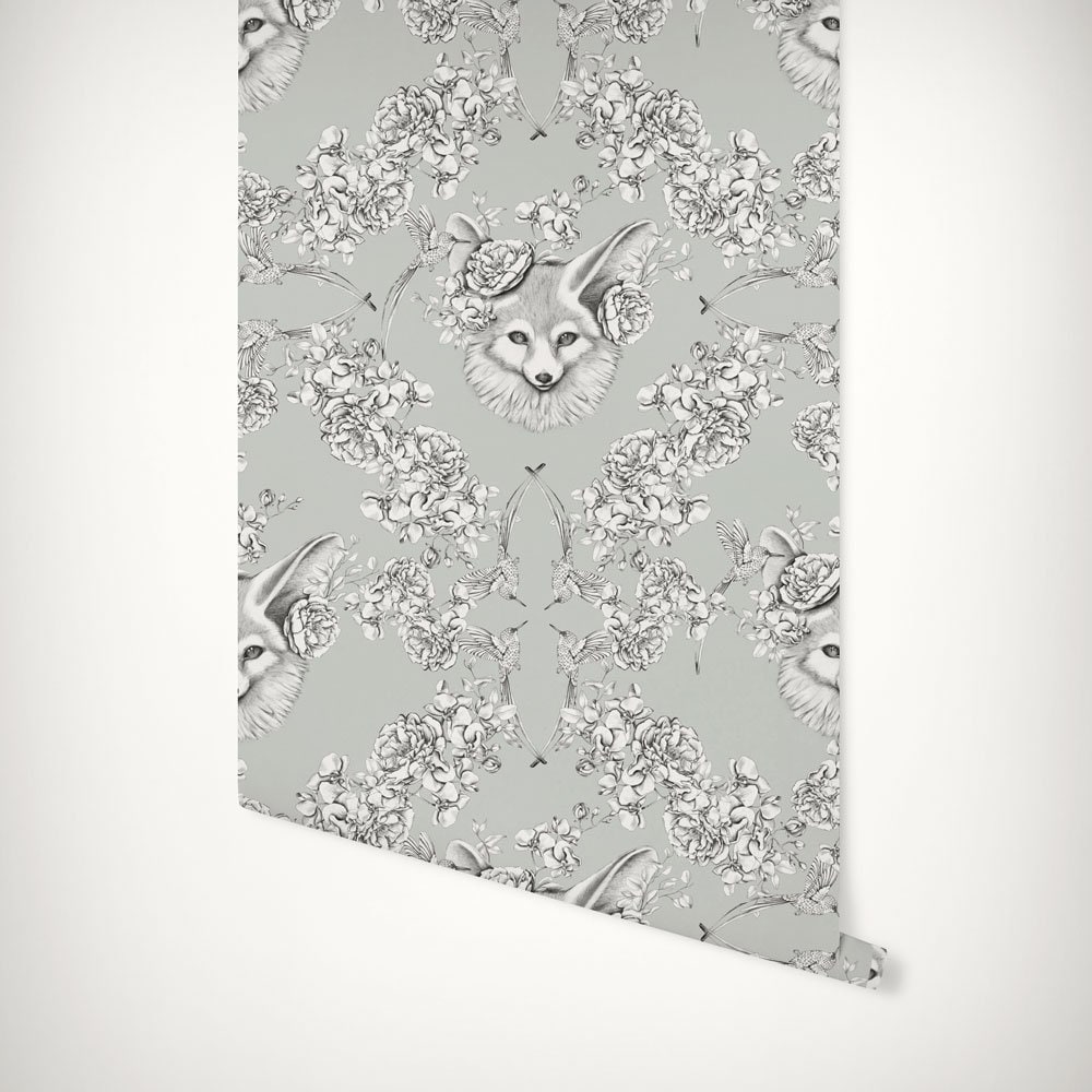 Grey Fennec Fox Floral Peony & Orchid Wallpaper Botanical Eco Printed ...