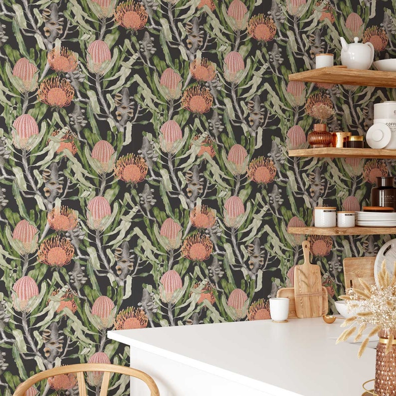 Australian Native Flora Wallpaper: Banksia Grevillea Botanical Wall ...