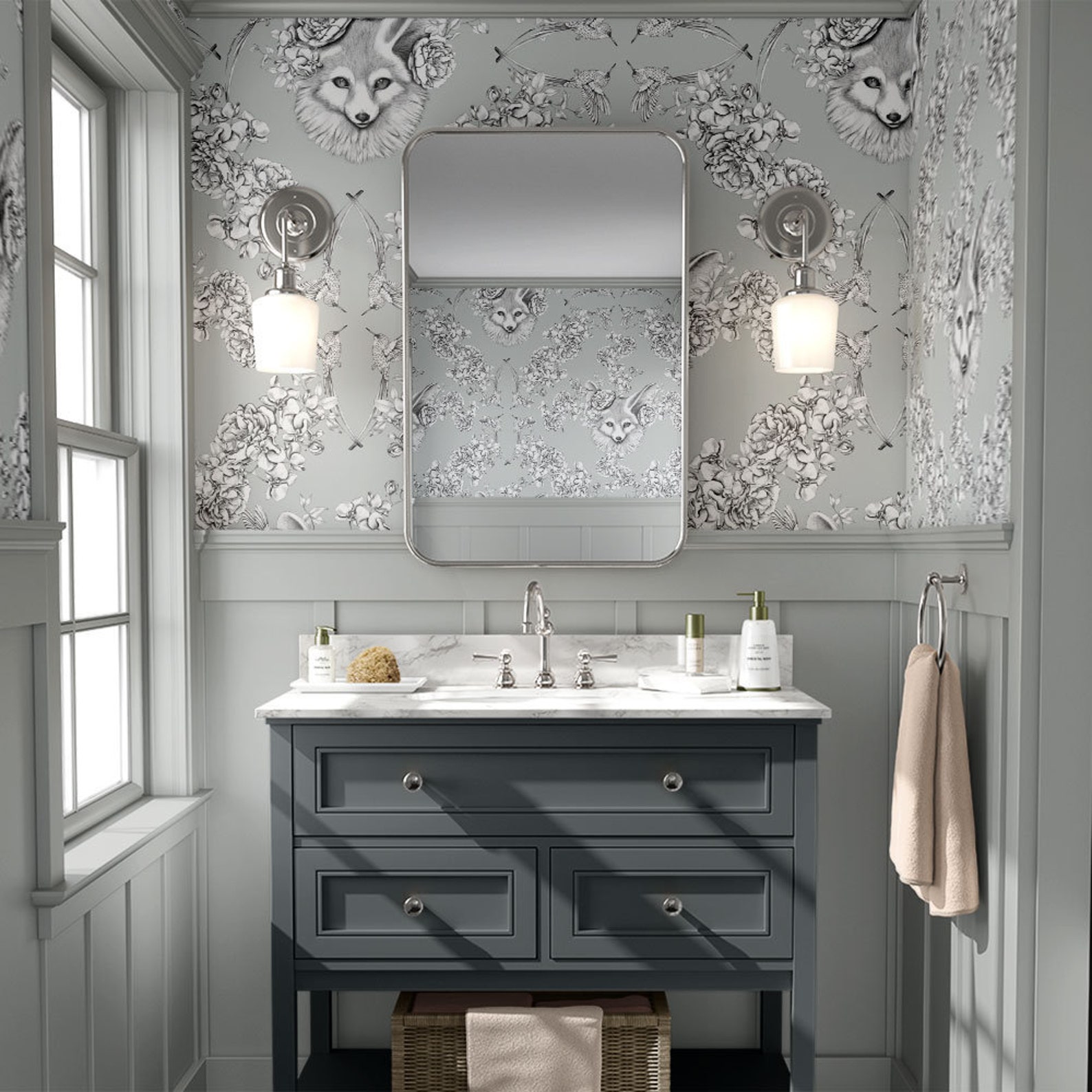 Grey Fennec Fox Floral Peony & Orchid Wallpaper Botanical Eco Printed ...