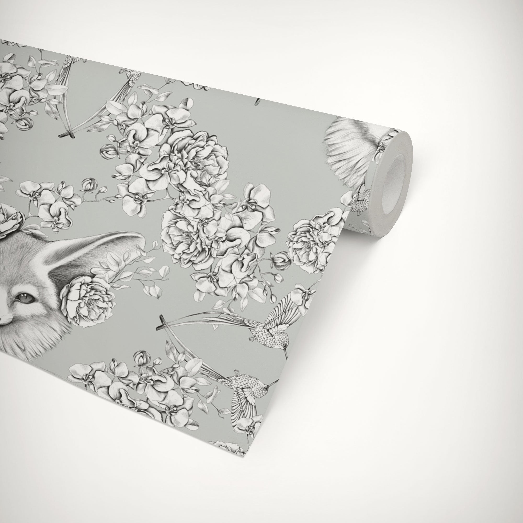 Grey Fennec Fox Floral Peony & Orchid Wallpaper Botanical Eco Printed ...