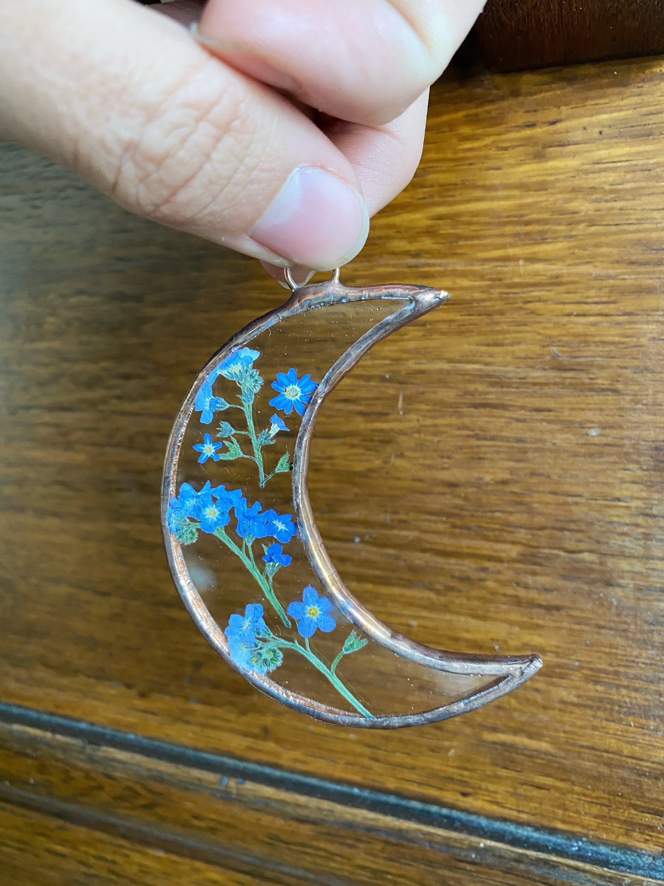 Glass Pressed Flower Frame - Crescent Moon - Forget Me Not - Wall ...