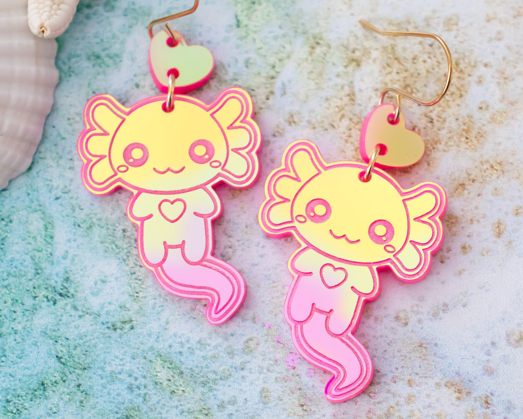 Axolotl Earrings, Amphibian Dangles, Holographic Pink Statement ...