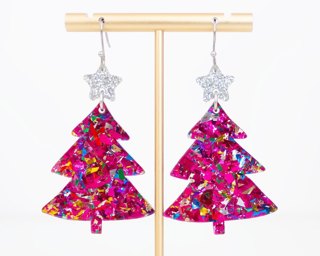 Pink Glitter Christmas Tree Earrings: Festive Acrylic Dangles - Etsy