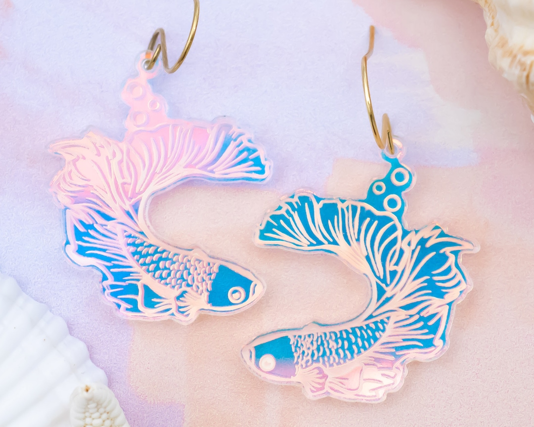 Beta Fish Earrings, Celestial Jewelry, Holographic Dangles, Gifts for ...