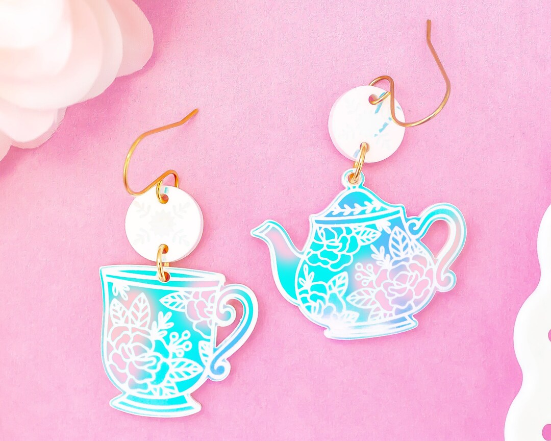 Iridescent Acrylic Tea Cup & Teapot Earrings: Statement Jewelry - Etsy