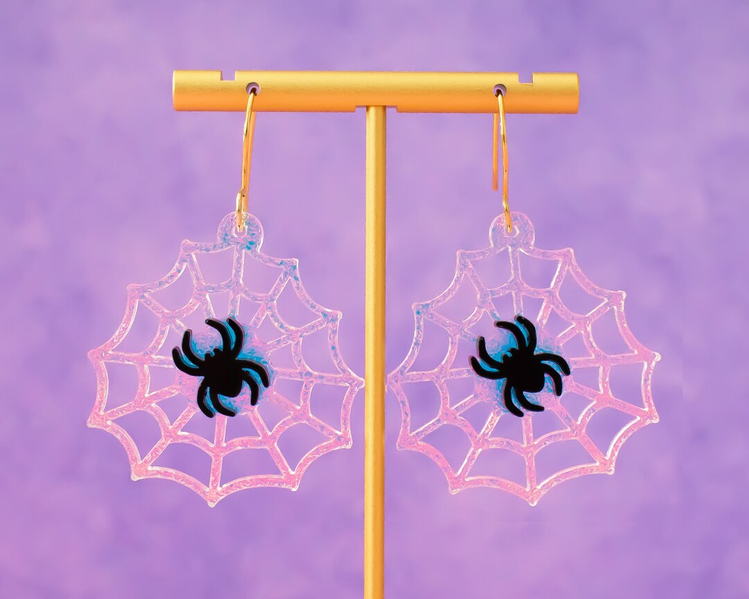 Spider Web Earrings Dangle, Halloween Earrings, Iridescent Jewelry, Spooky Dangles - Etsy