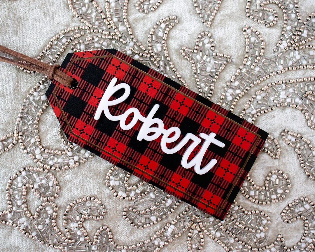Buffalo Plaid Personalized Stocking Tag: Wooden & Acrylic Name - Etsy