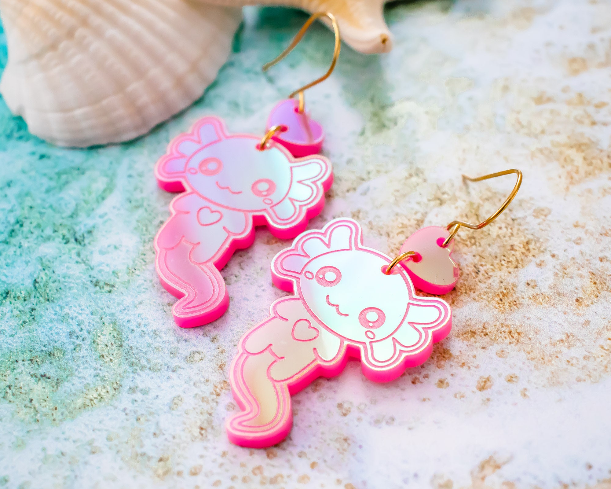 Axolotl Earrings, Amphibian Dangles, Holographic Pink Statement ...