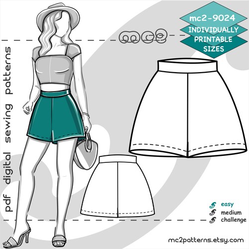 XS-XL/ Flared Shorts High-waist Elasticated/ Digital Sewing | Etsy