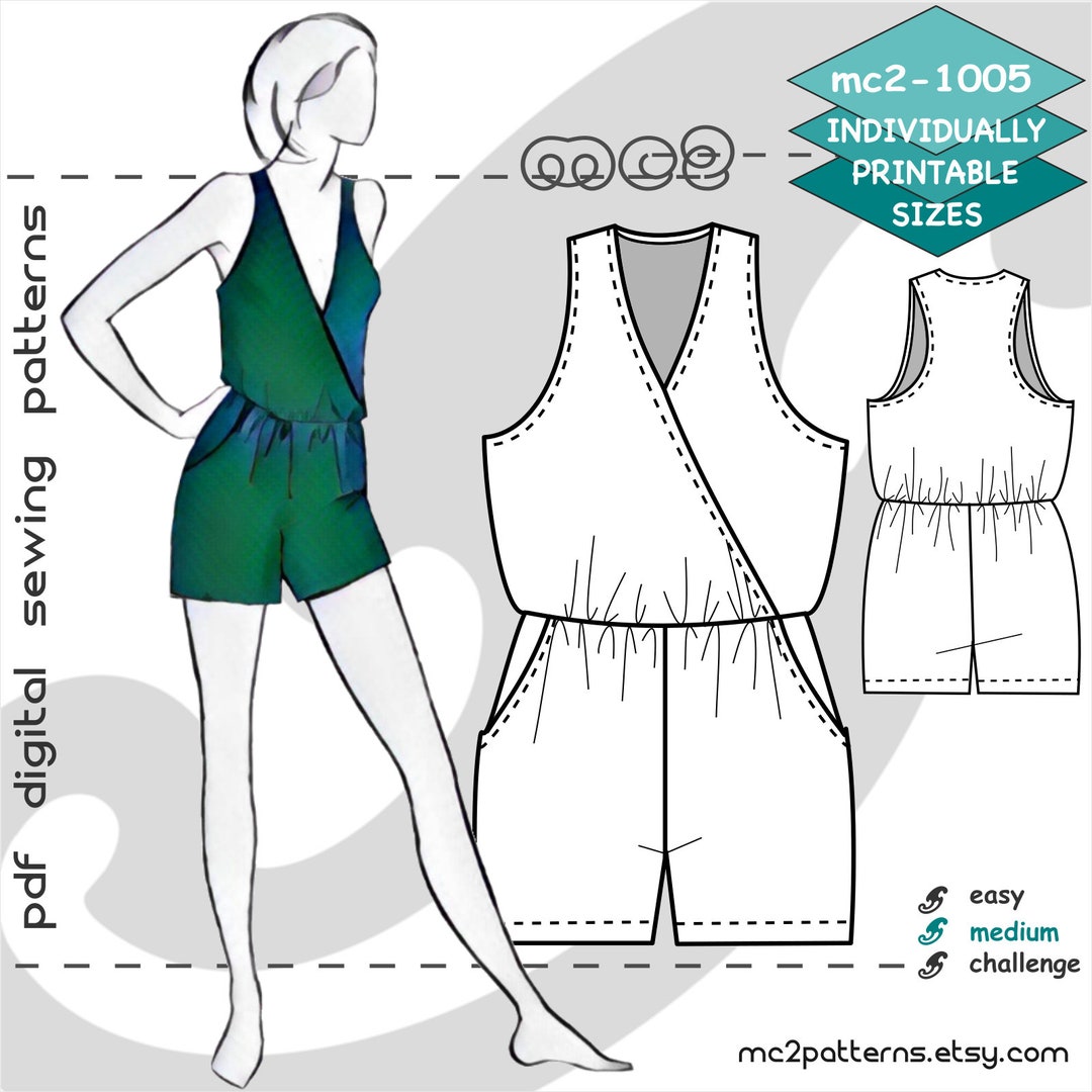 UK 6-16/ US 2-12/ Racer-back Playsuit/romper Front-wrap Side-pockets/ Digital Sewing Pdf-pattern ...