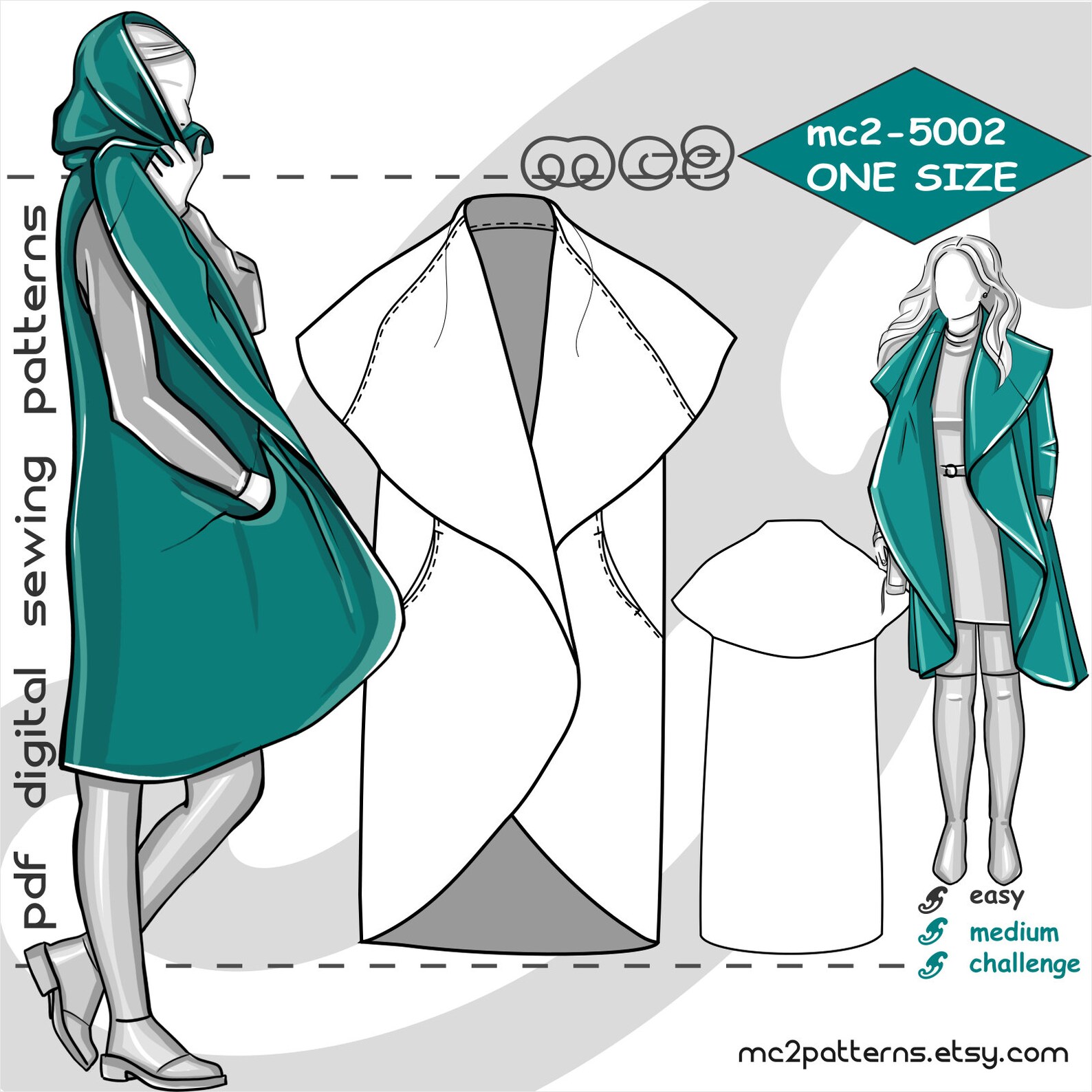 ONE Size Fits ALL/ Coat Wrap Sleeveless/ Digital PDF Sewing Pattern for Women mc2patterns Mc2 ...