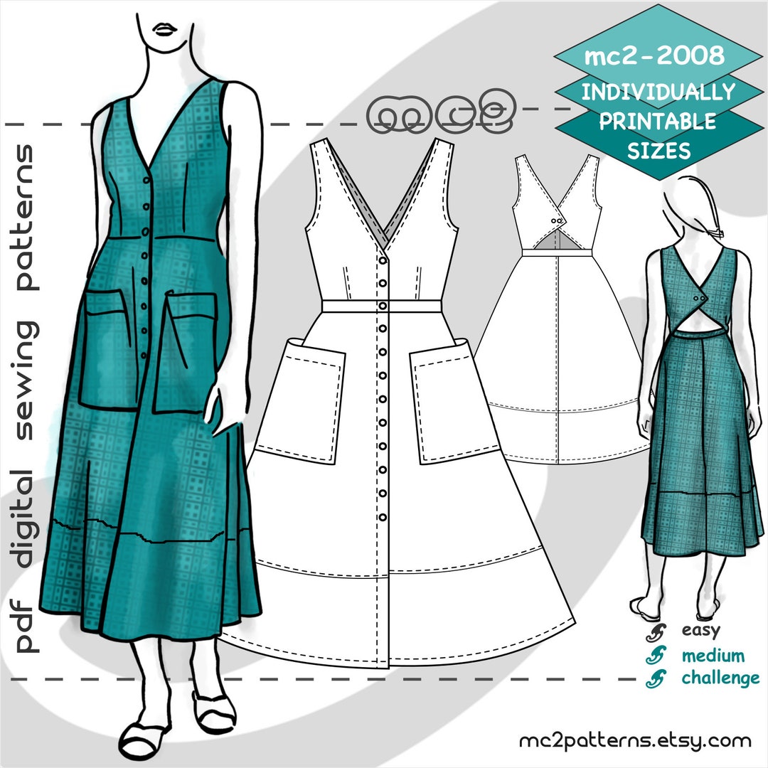 Cutout-back Dress Sewing Pattern: Sleeveless Buttoned-front (digital ...