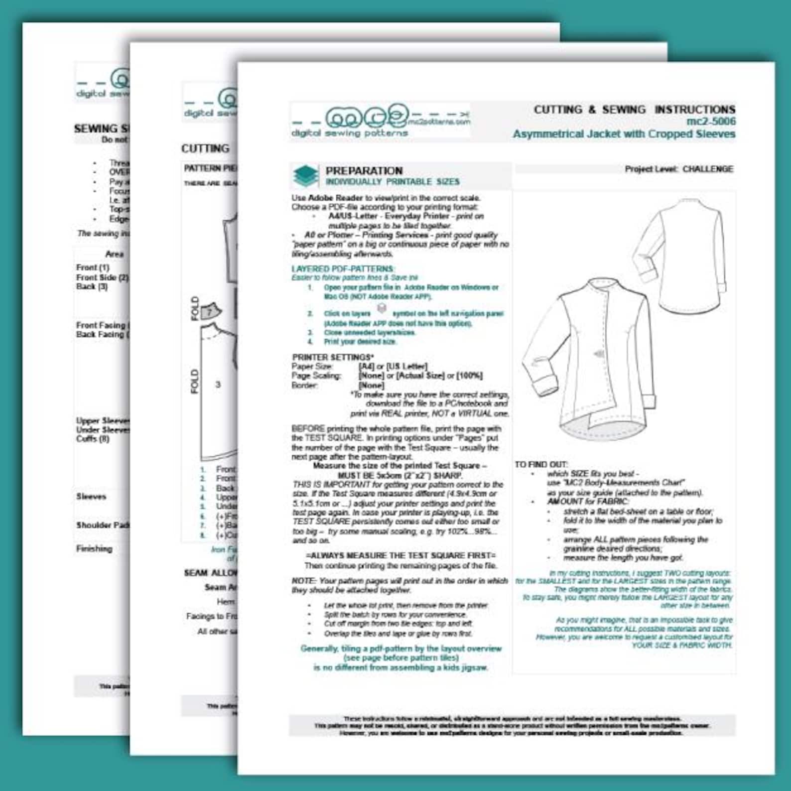 Asymmetrical Jacket Sewing Pattern: Cropped-sleeve (digital PDF ...