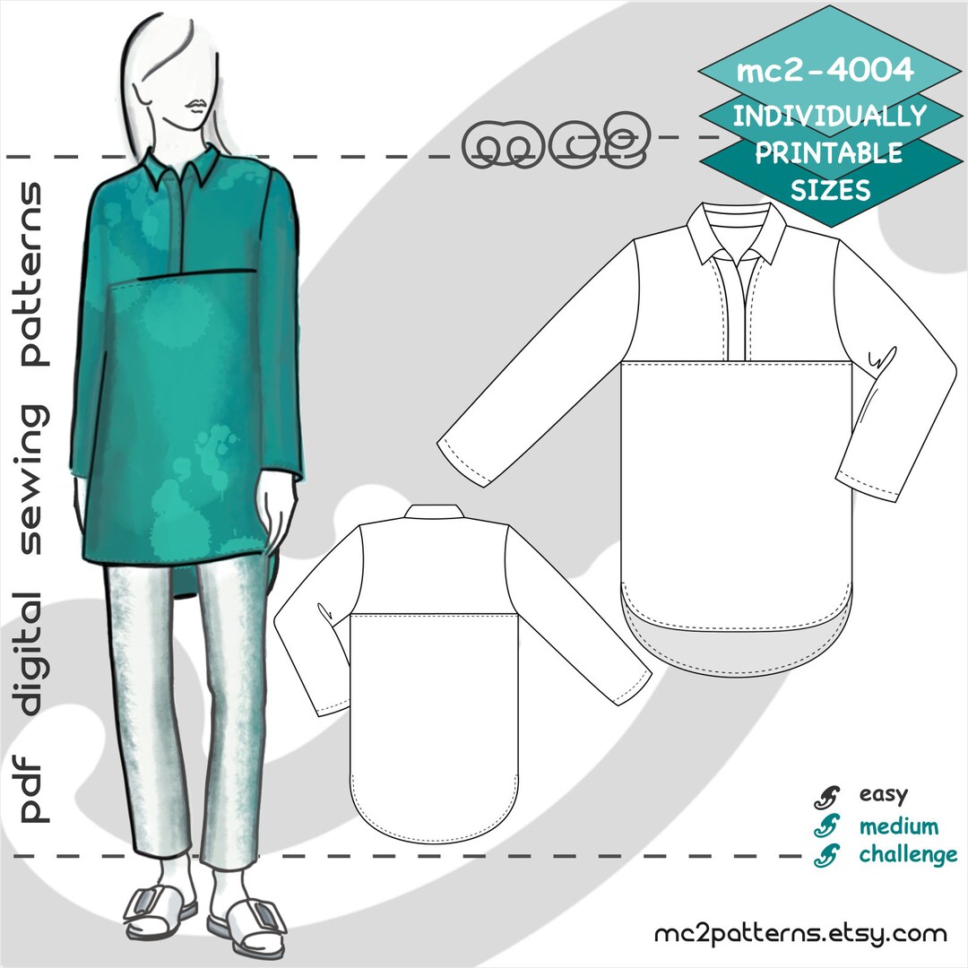 Shift Blouse Tunic Sewing Pattern: Long-sleeve Shirt-collar (digital ...