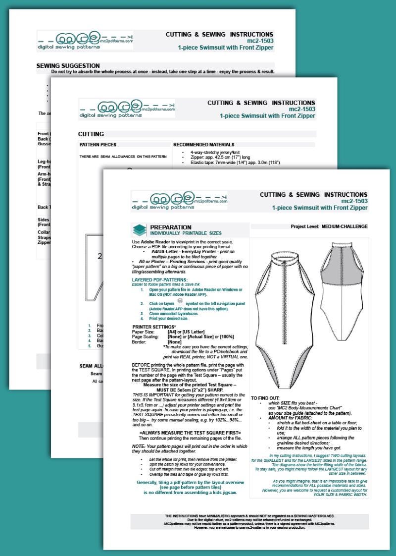 One-piece Swimsuit Sewing Pattern: Zip-front Halter Open-back (digital ...
