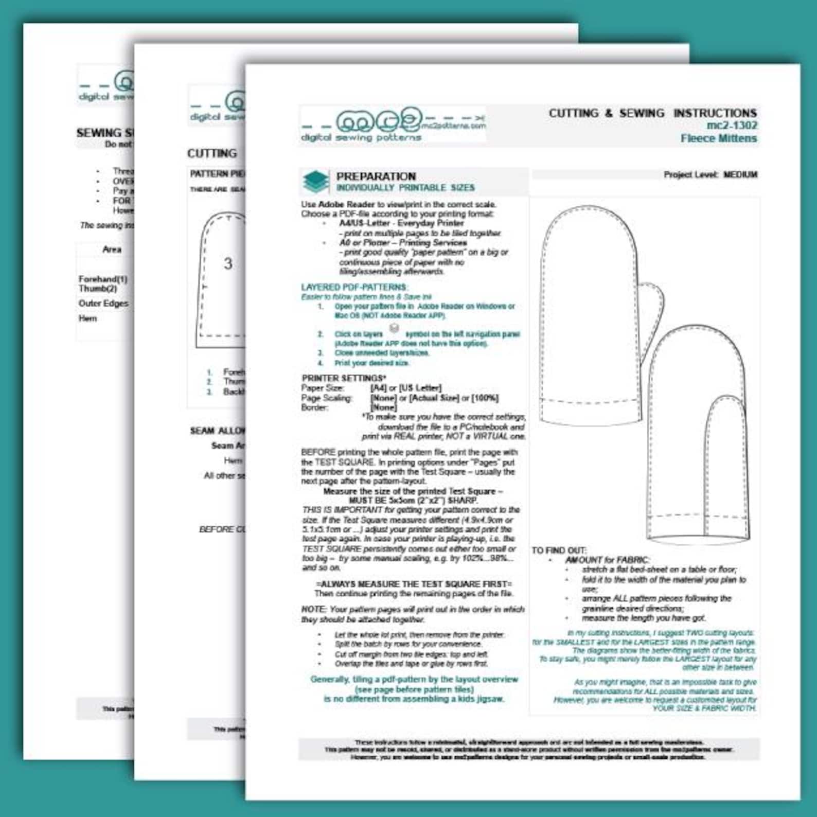 Fleece Mittens Sewing Pattern (digital PDF Download) S-M-L / Mc2-1303 ...