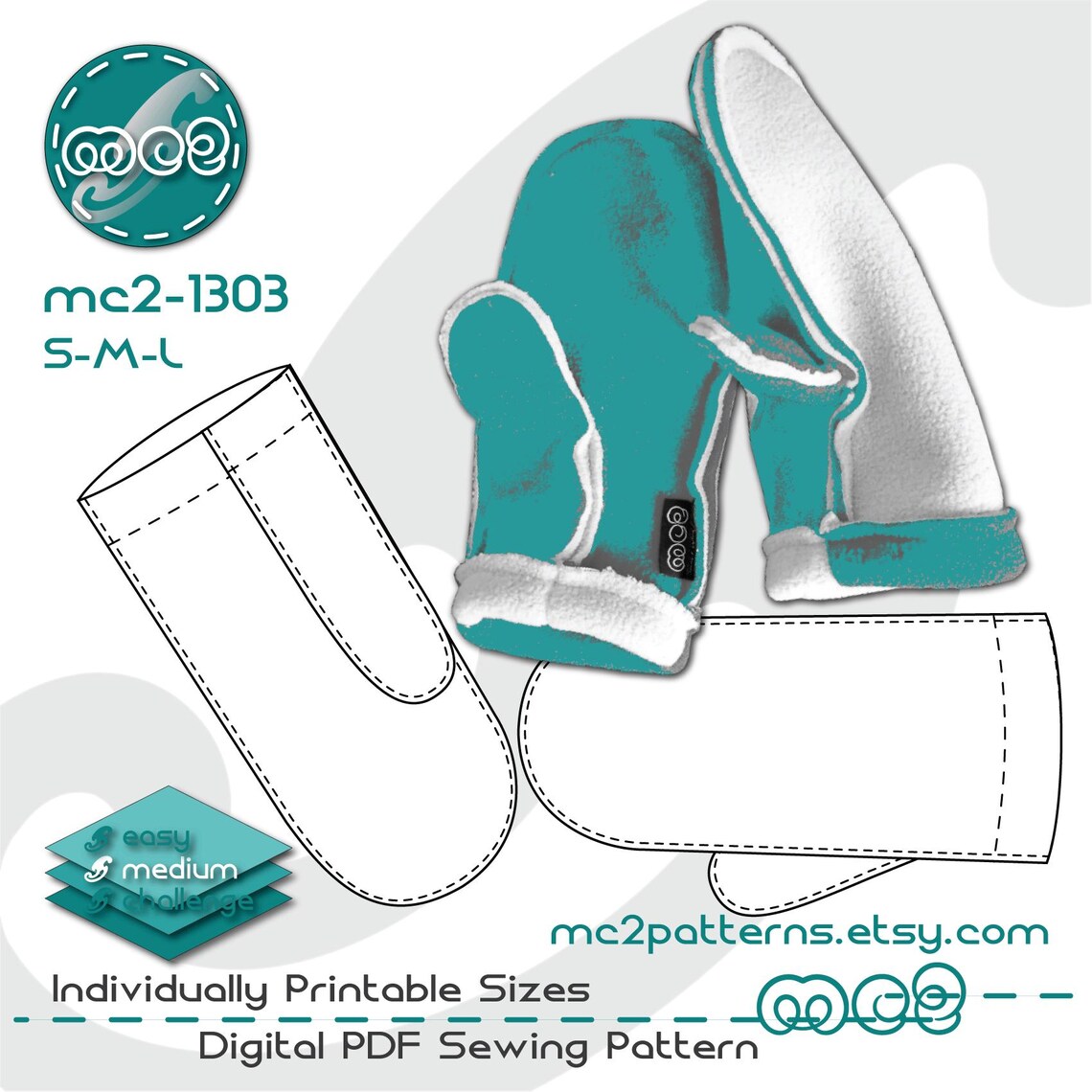 Fleece Mittens Sewing Pattern (digital PDF Download) S-M-L / Mc2-1303 ...
