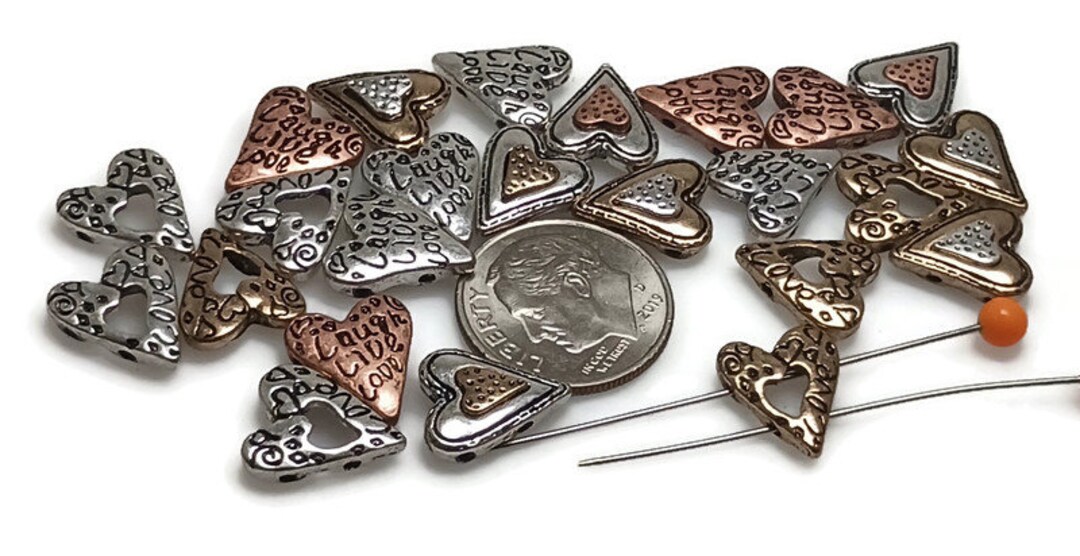 Slider Beads (24 Pcs) 2 Hole Beads Heart Beads Mixed Metals for Jewelry ...