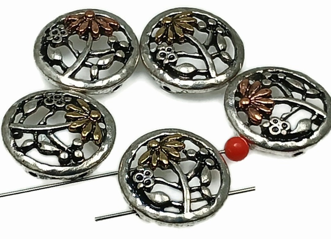 Slider Beads 5 Pcs 2 Hole Beads Floral Flower Beads Mixed Metal Round ...