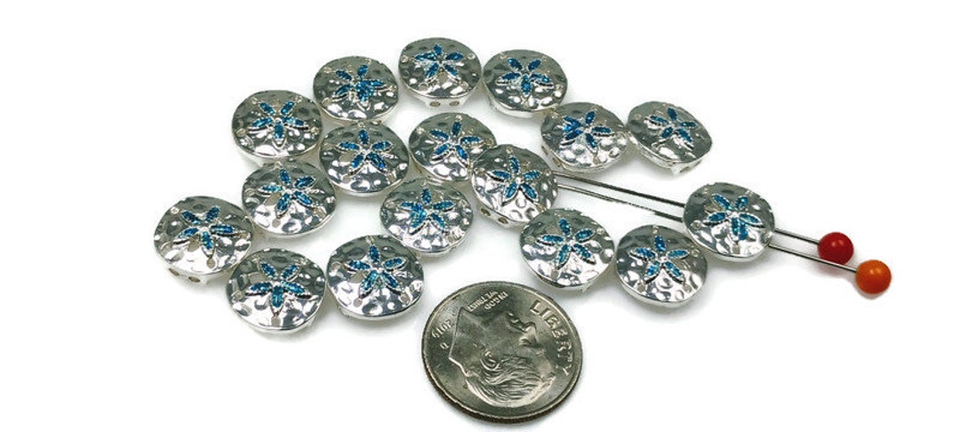2 Hole Slider Beads 17 Pc Sand Dollar Beads Sea Life Beads Silver Beads ...