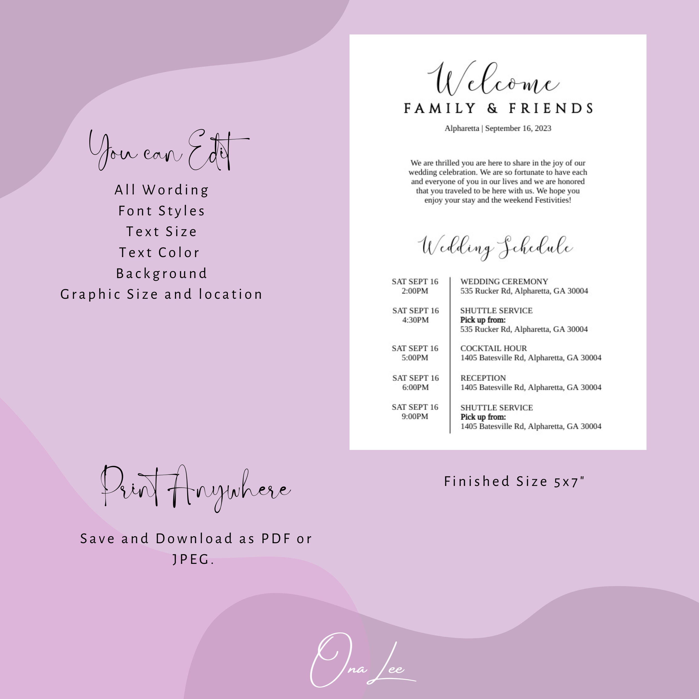 Customizable Wedding Welcome Note and Schedule - Etsy