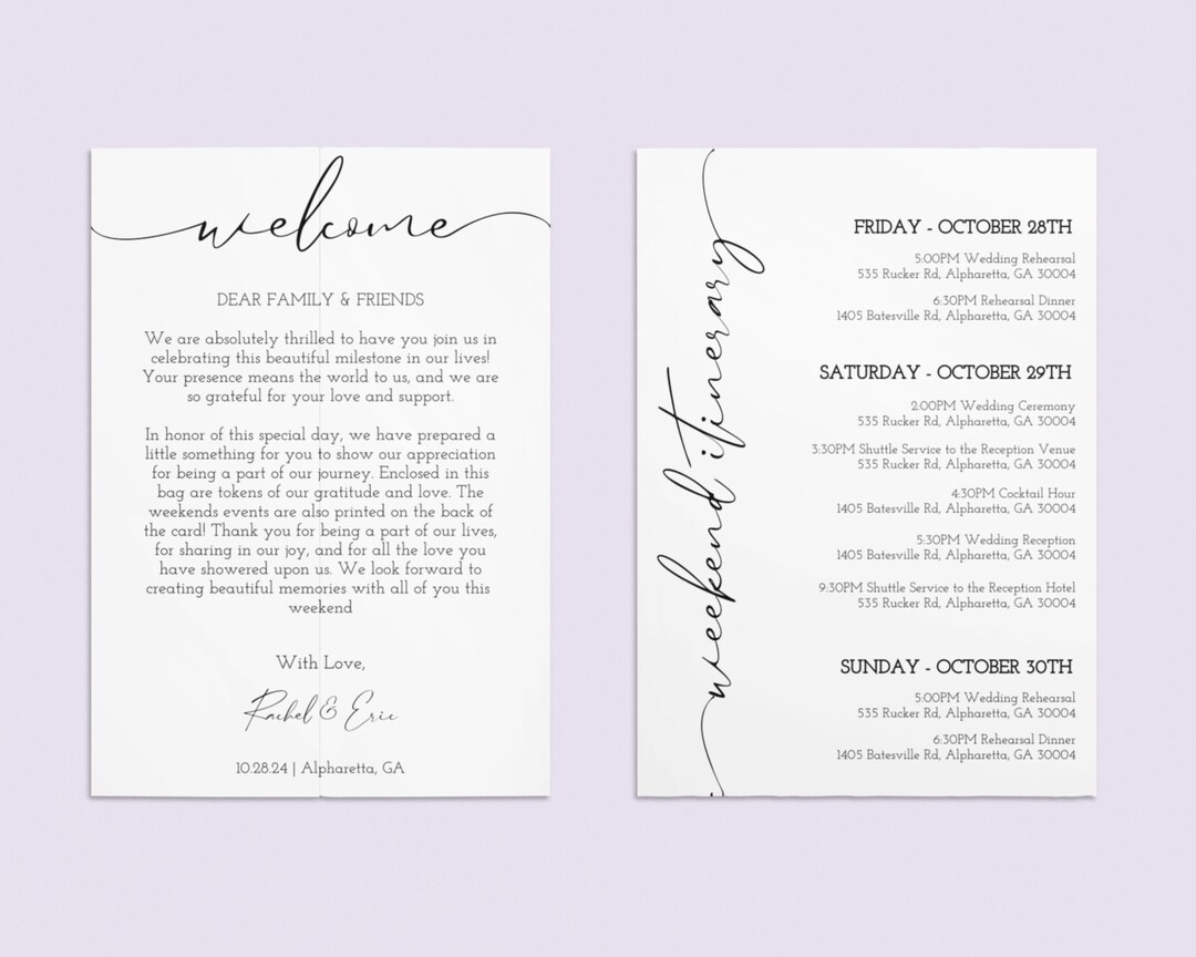 Customizable Wedding Welcome Note and Schedule - Etsy