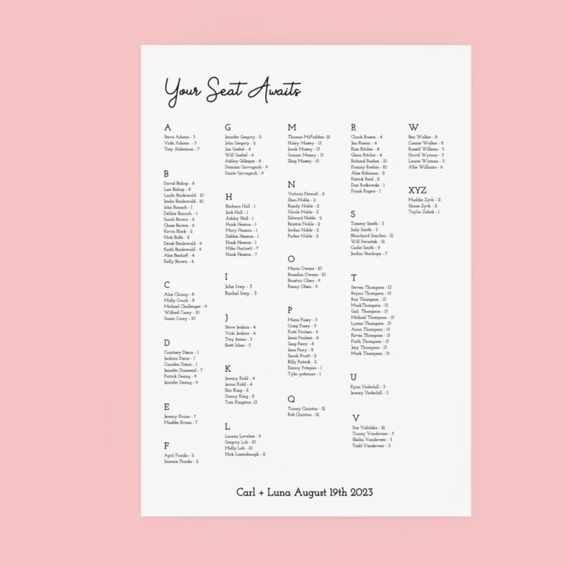 Alphabetical Wedding Seating Chart Template - Etsy