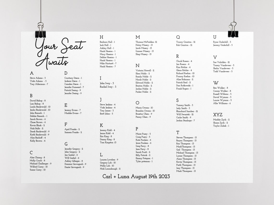 Alphabetical Wedding Seating Chart Template - Etsy