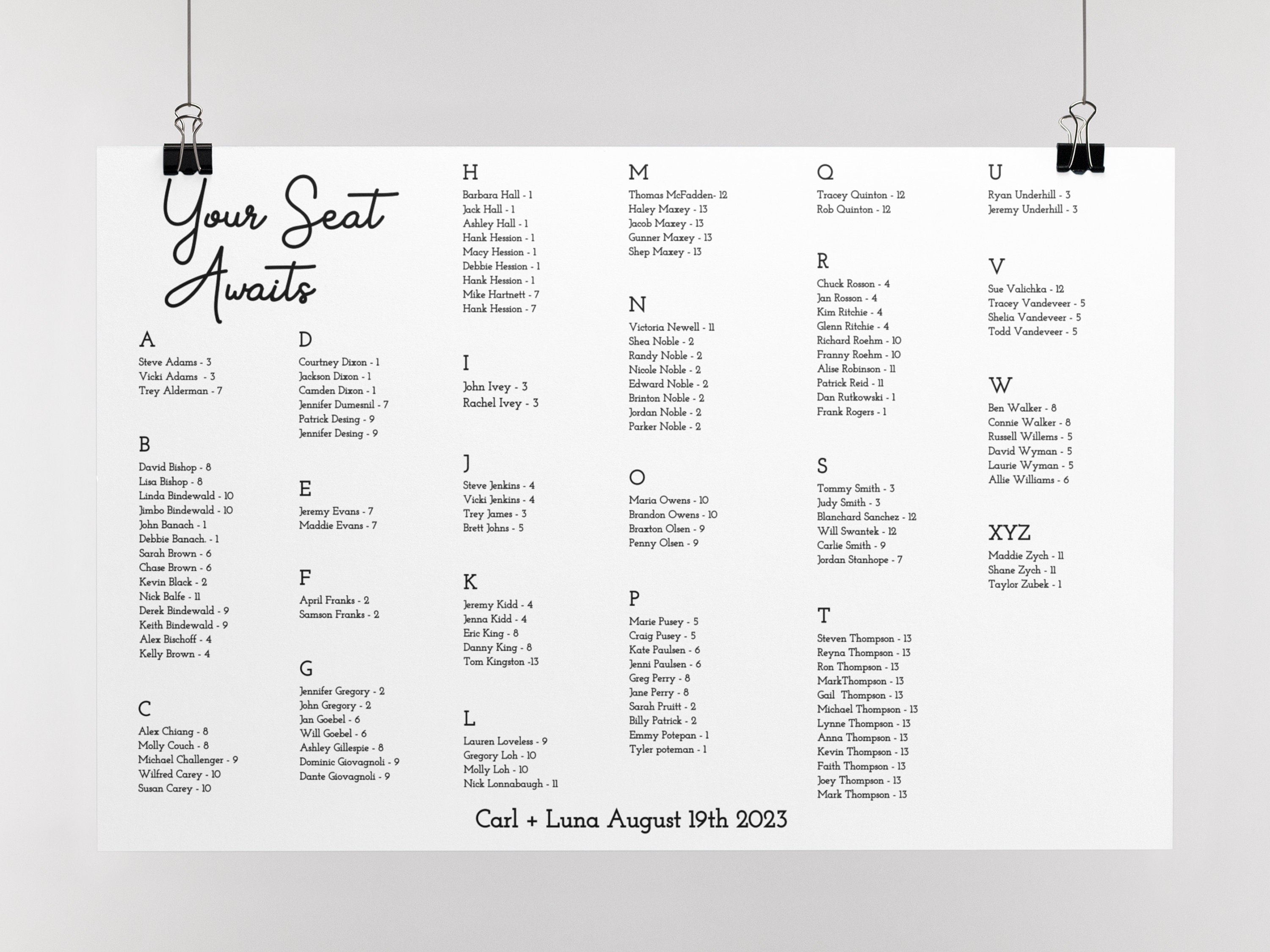Alphabetical Wedding Seating Chart Template - Etsy